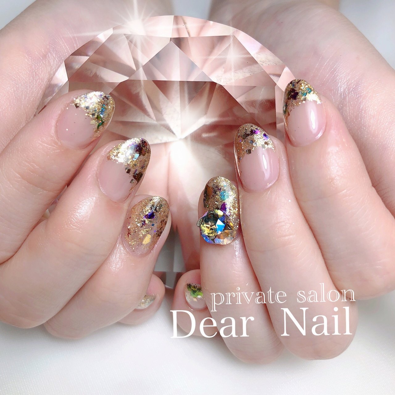 オールシーズン/ハンド/変形フレンチ/ビジュー/ラメ - dearnail39のネイルデザイン[No.5508163]｜ネイルブック